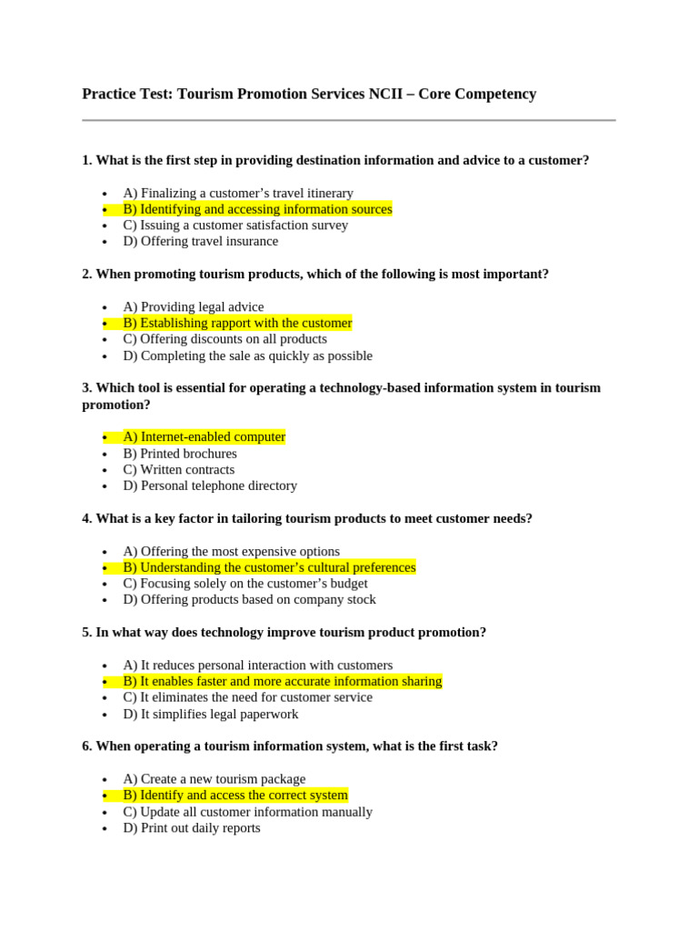 Practice Test For Tourism Promotion Services NCIII | PDF
