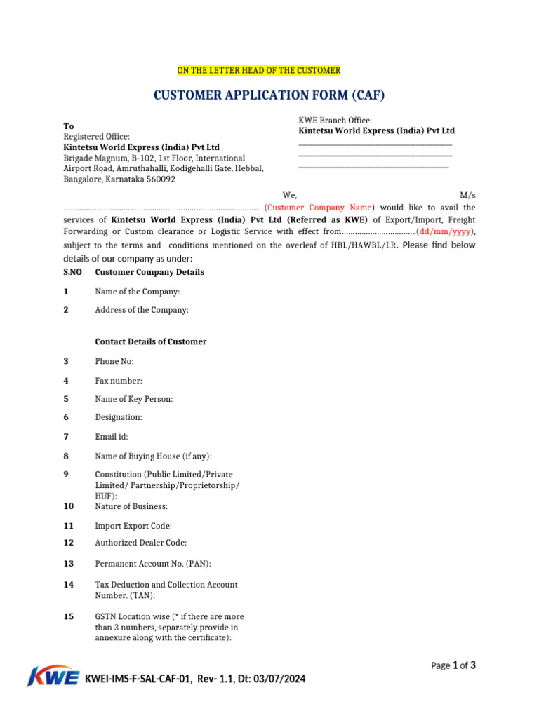 Customer Application Form (CAF) FINAL-06.07.24 | PDF
