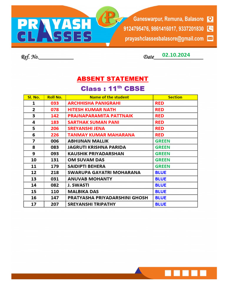 11th Absent Statement-02.10.2024 | PDF