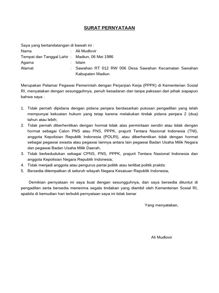 Surat Pernyataan 5 Point - Ali Mudlovir | PDF