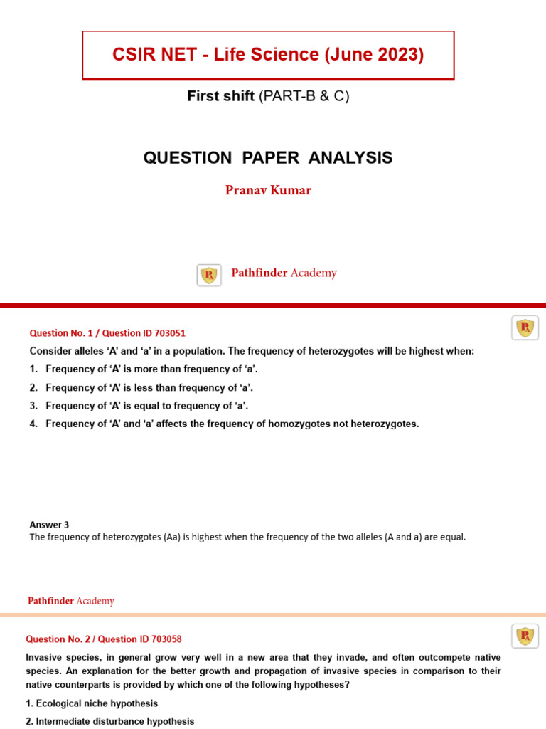 CSIR NET Life Sciences June 2023 Question Paper Analysis S1 Part B | PDF