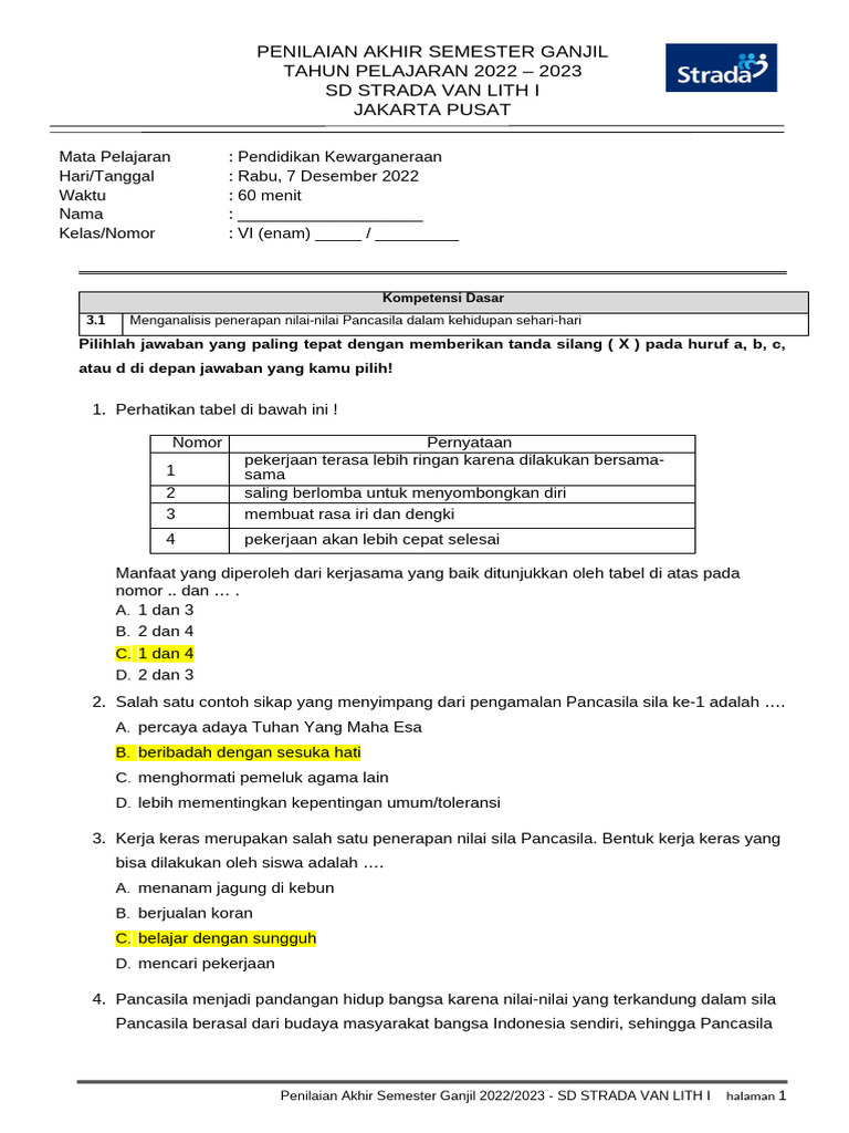 SOAL PAS PPKN SMST 1 KLS 6 | PDF