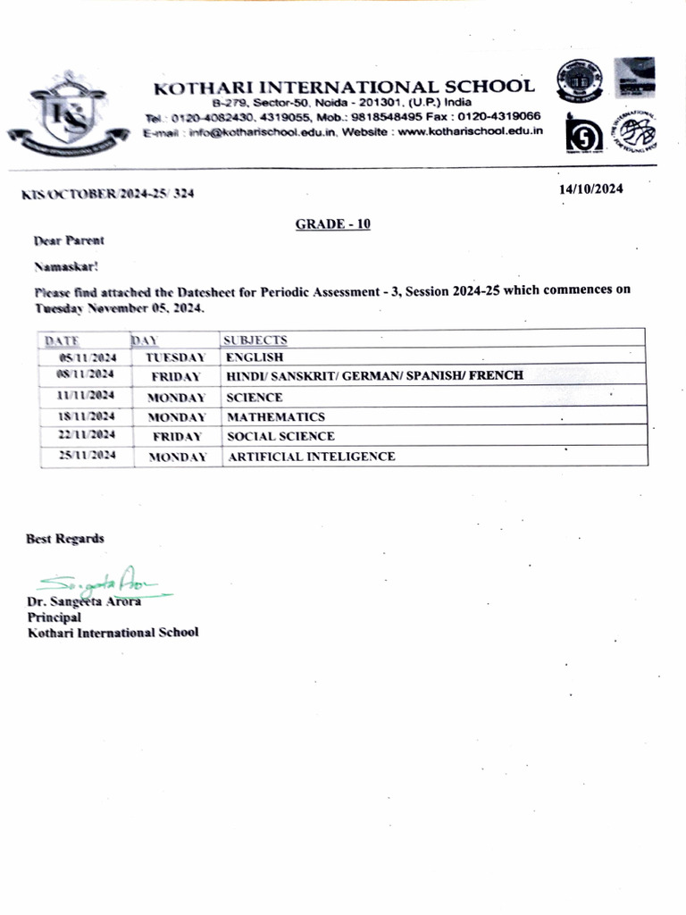 GRADE 10 PERIODIC ASSESSMENT - 3 DATESHEET & SYLLABUS | PDF