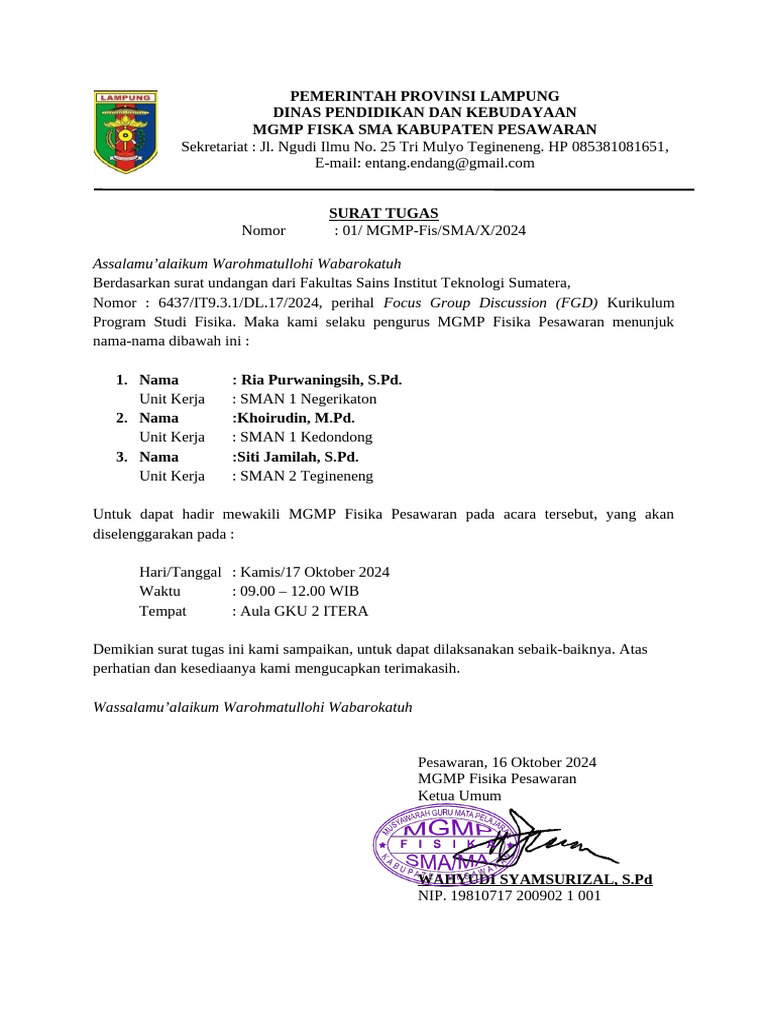 Surat Tugas Perwakilan MGMP Ke Itera | PDF