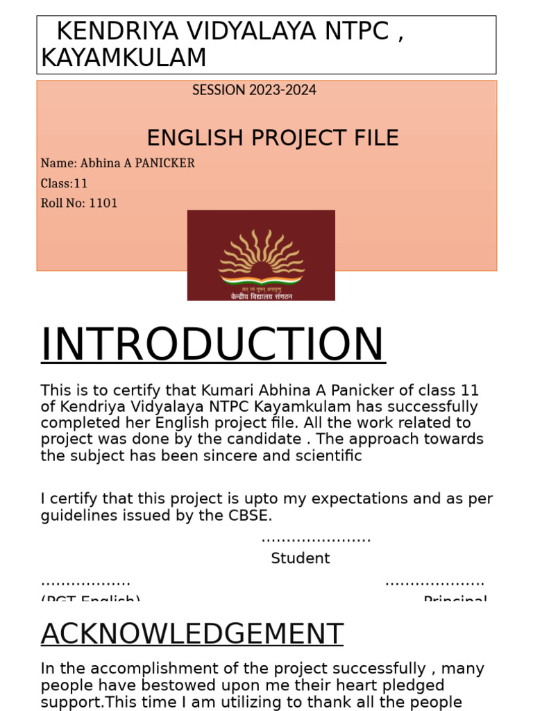 Kendriya Vidyalaya NTPC, Kayamkulam English Project Fileppt | PDF