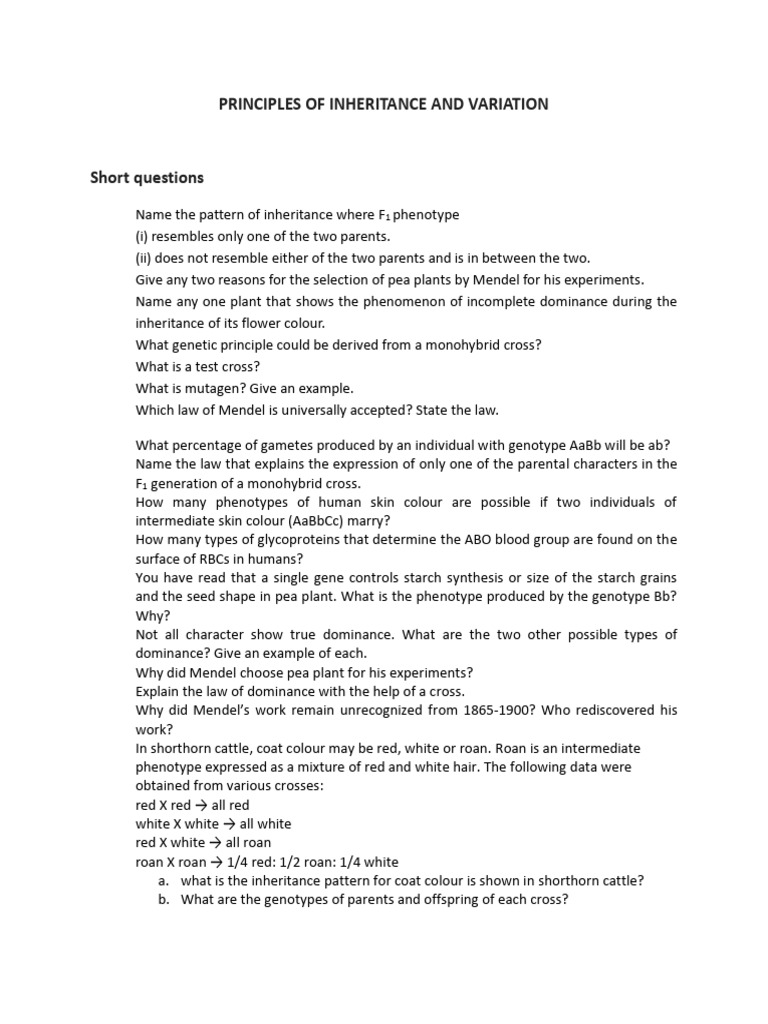 Principles Of Inheritance And Variation Holiday Homework Questions Pdf 