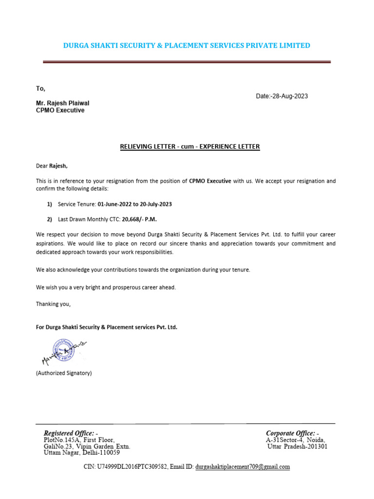 DSS Relieving Letter Rajesh Plaiwal | PDF