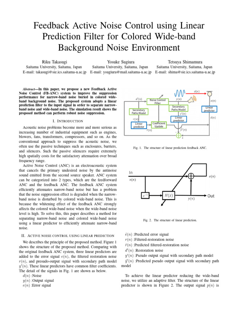 Feedback Active Noise Control Using Linear Prediction Filter For Colored Wide-Band Background ...