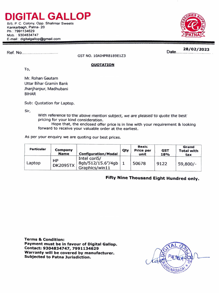 Quotation For Laptop | PDF