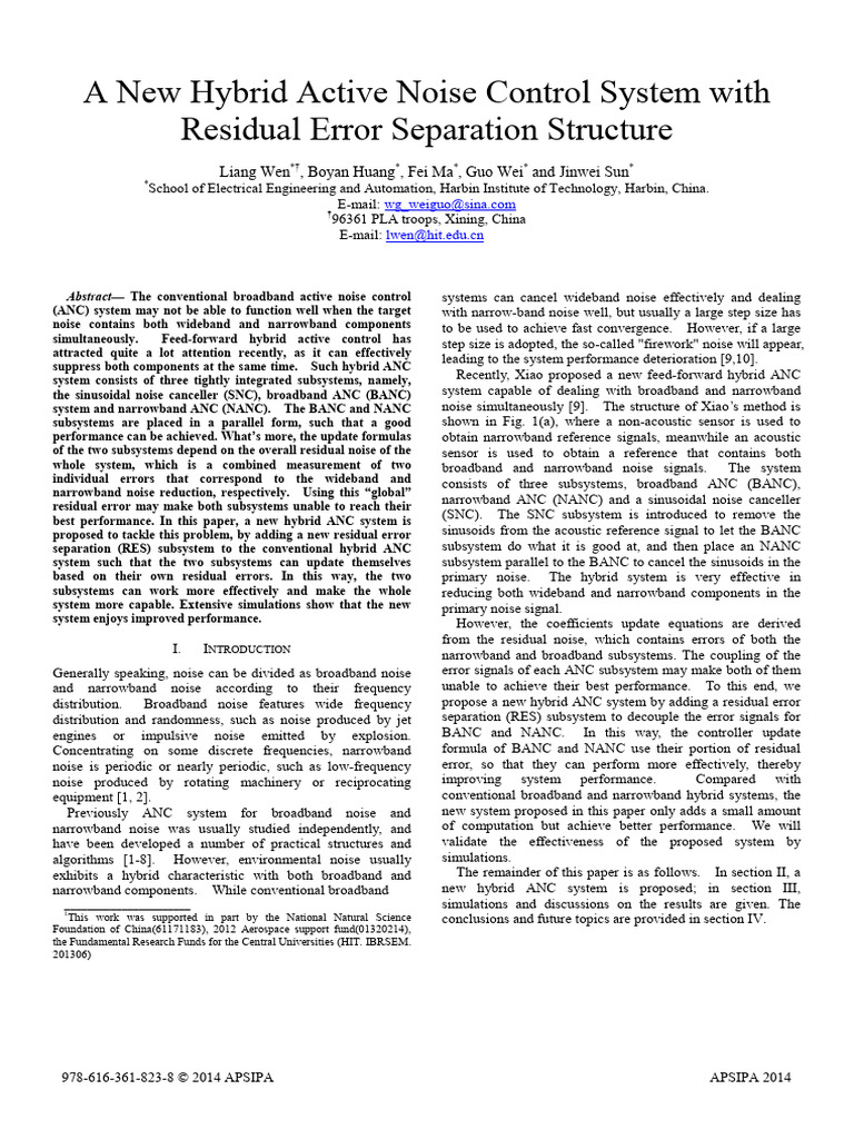 A New Hybrid Active Noise Control System With Residual Error Separation Structure | PDF