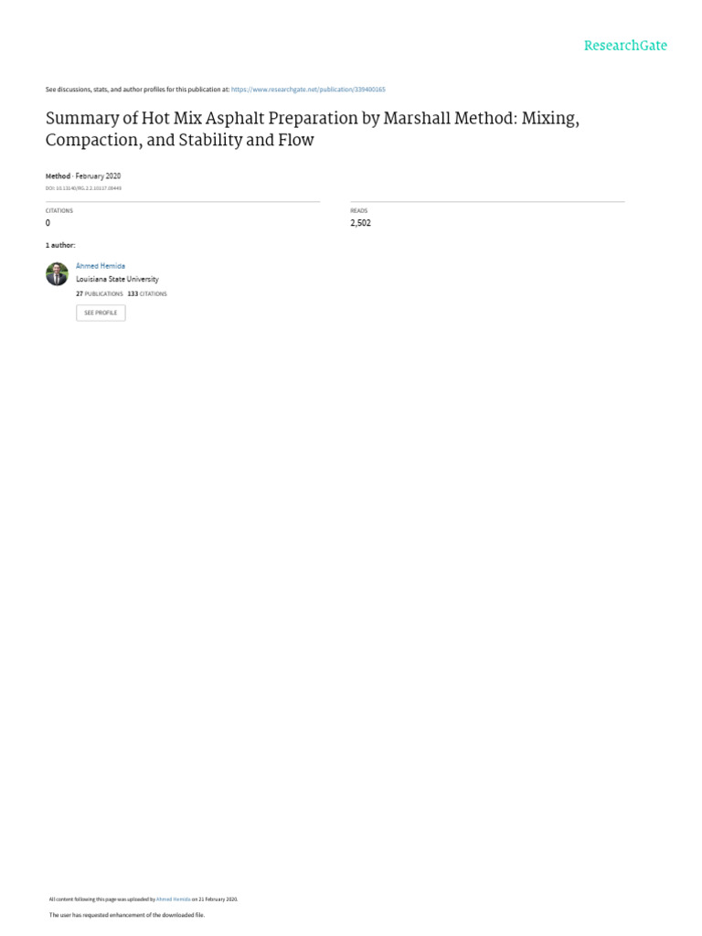 Summary of Hot Mix Asphalt Preparation by Marshall Method: Mixing ...