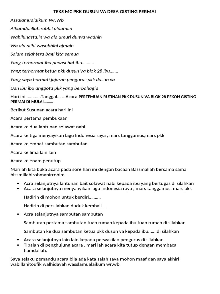 Teks MC PKK Dusun Va Desa Gisting Permai | PDF