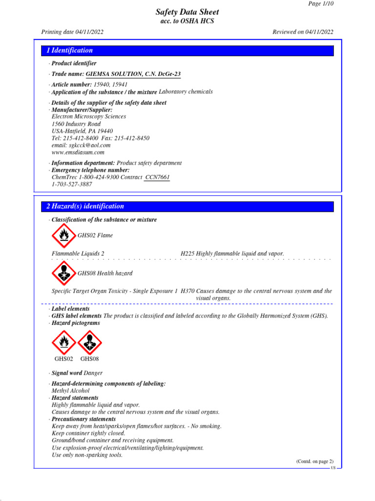 MSDS Giemsa | PDF