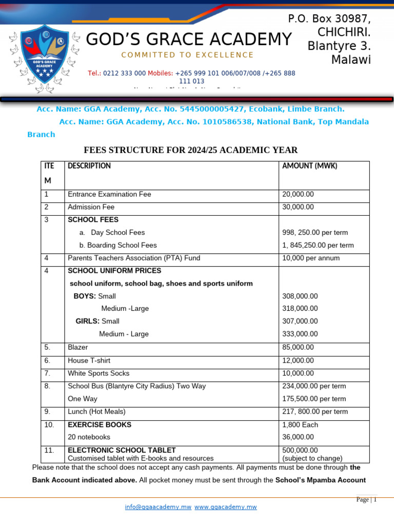 School Fees Structure 2024-25 Academic Year | PDF