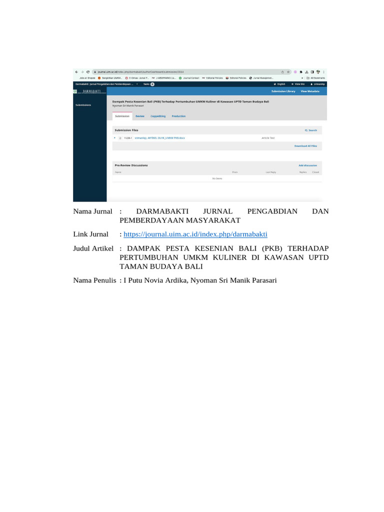 Bukti Submit Artikel PKL - I Putu Novia Ardika | PDF