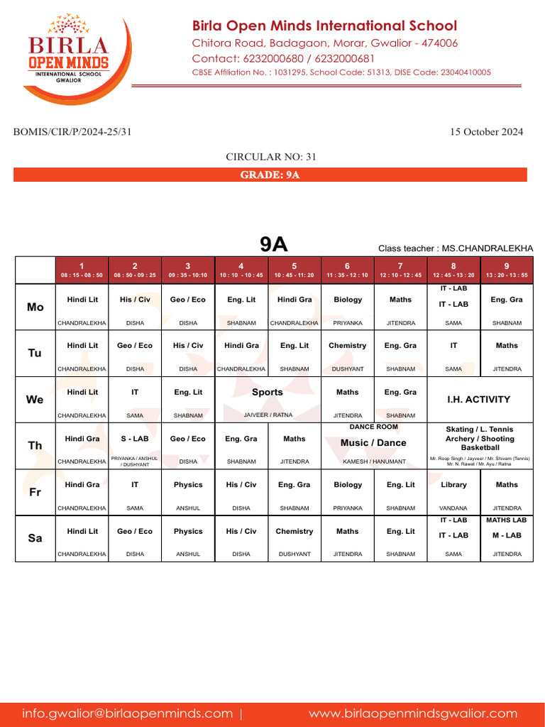 Revised Timetable - Grade 9a | PDF