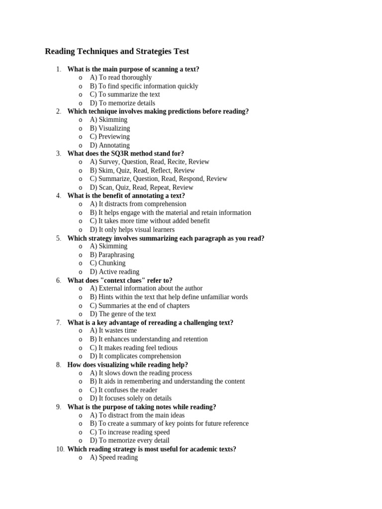 Reading Techniques and Strategies Test | PDF