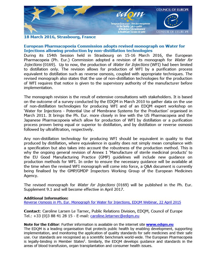 Press Release - Revised Monograph On Water For Injections - March 2016 ...