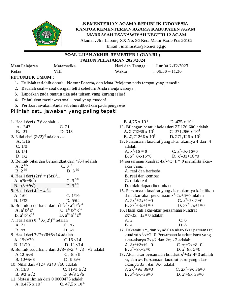 Soal Pas Mtk Sem. 1. 2023-2024 | PDF