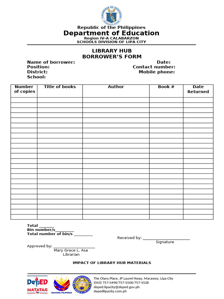 Borrowers Form Library Hub - Bagong Pilipinas Template | PDF
