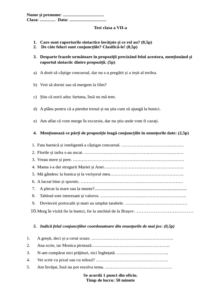 Test Clasa A VII - Fraza | PDF