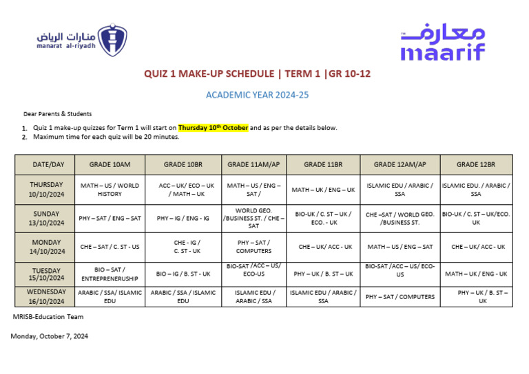 Make-Up Q1-T1-Schedule-Grades 10-12-AY 2024-25 | PDF