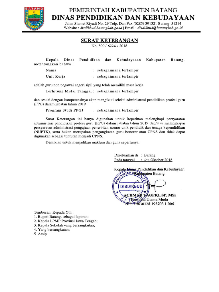 Surat Keterangan GTT Batang Khori Ok | PDF