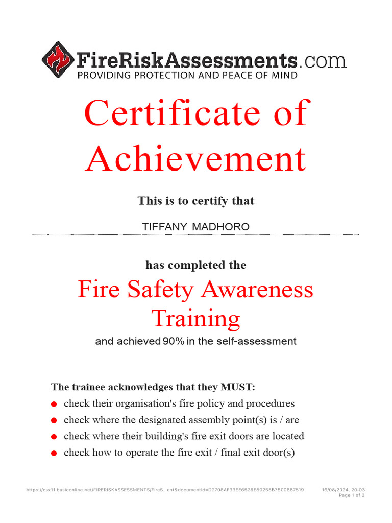 Fire Safety Training - Certificate | PDF