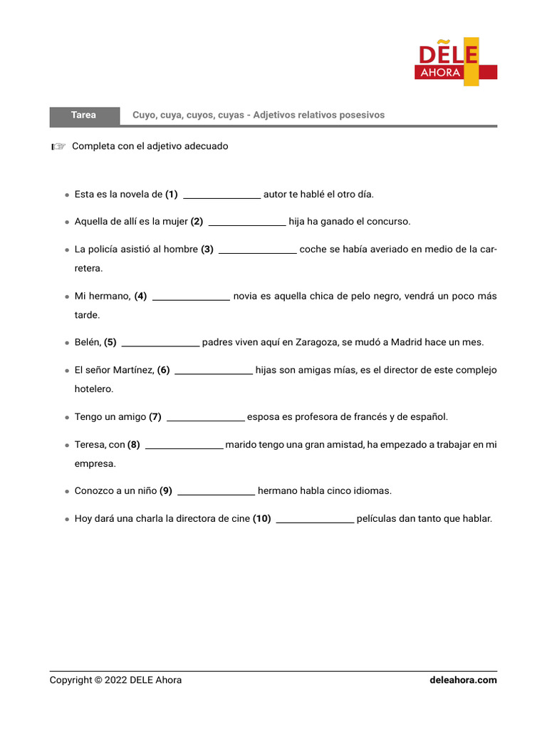 Cuyo Cuya Cuyos Cuyas Adjetivos Relativos Posesivos | PDF