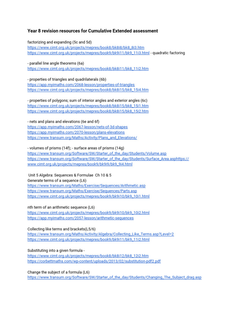 Year 8 revision resources for Cumulative Extended assessment | PDF