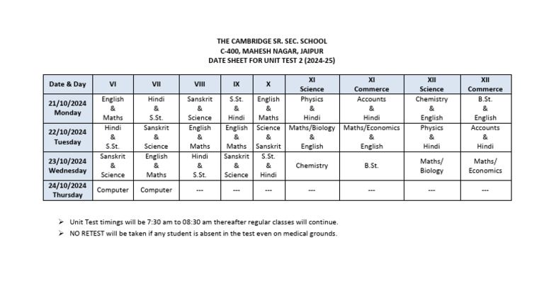 Unit Test 2 Time Table 2024 25 | PDF