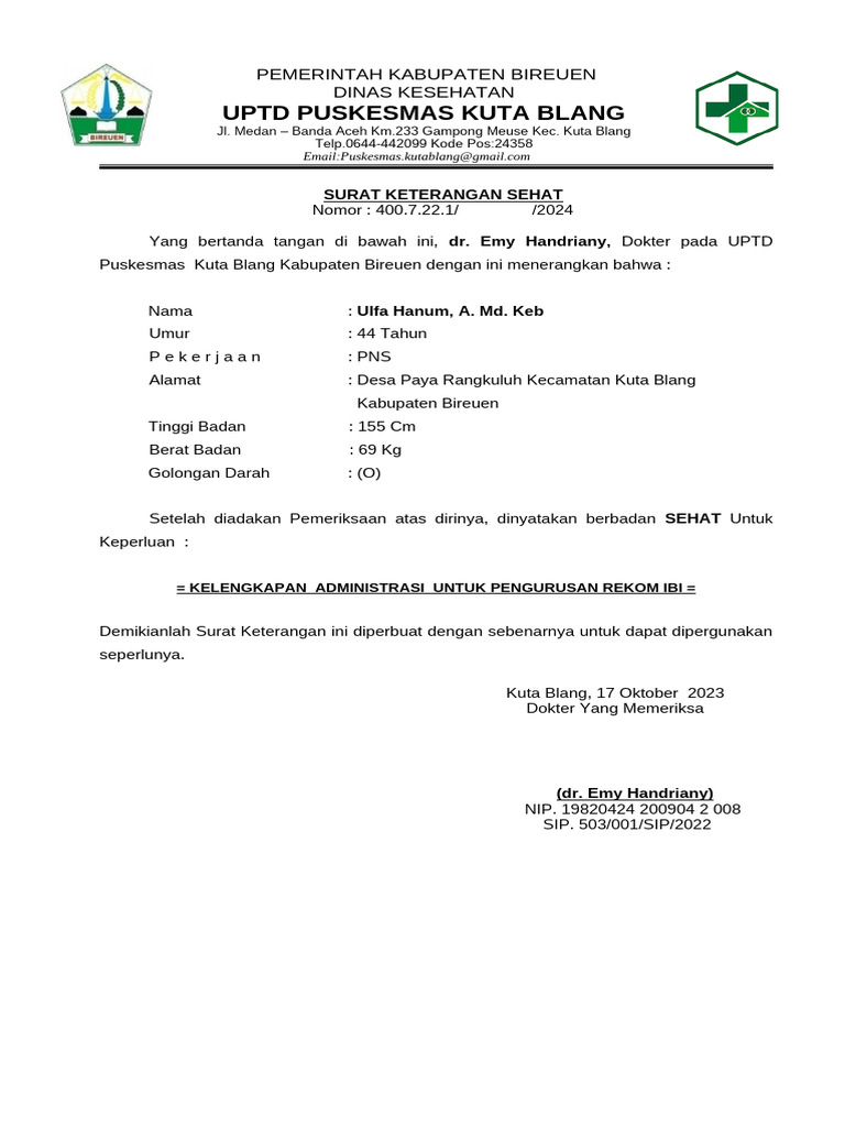 Surat Keterangan Sehat Bireuen 2024 | PDF