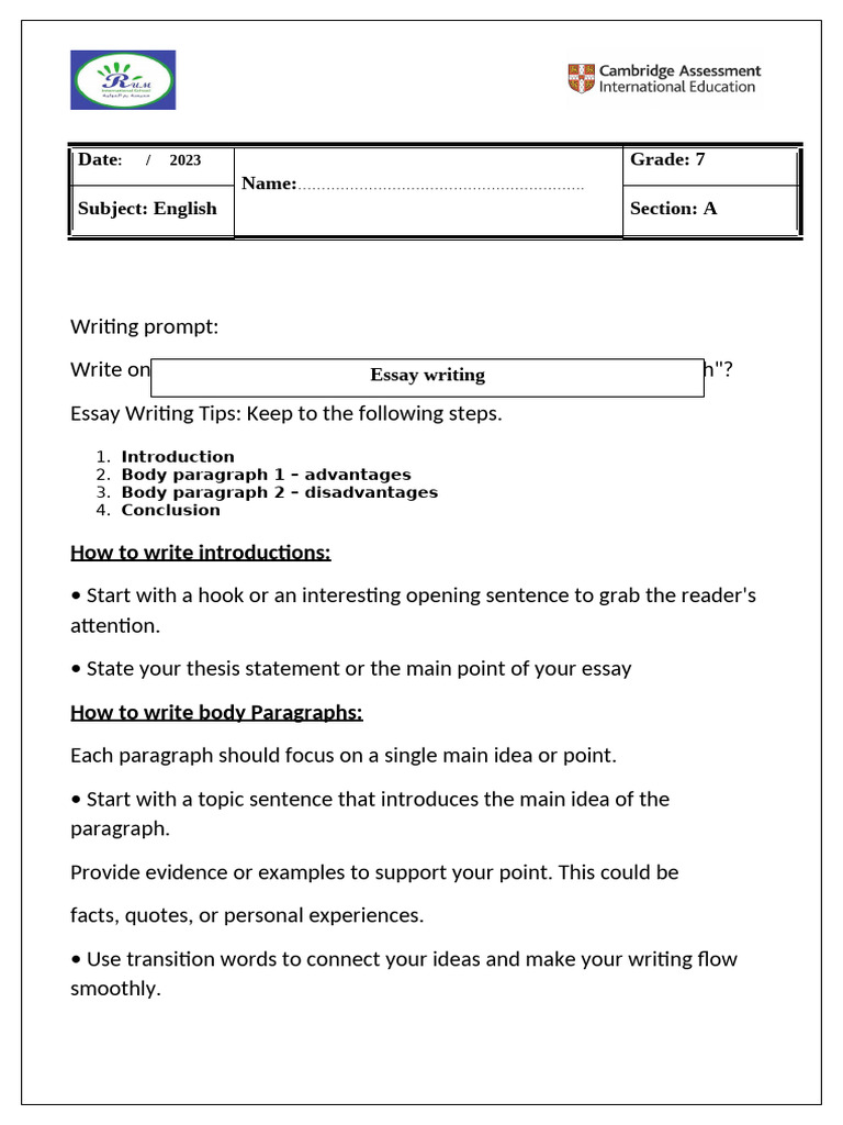 Essay Writing Grade 7 | PDF