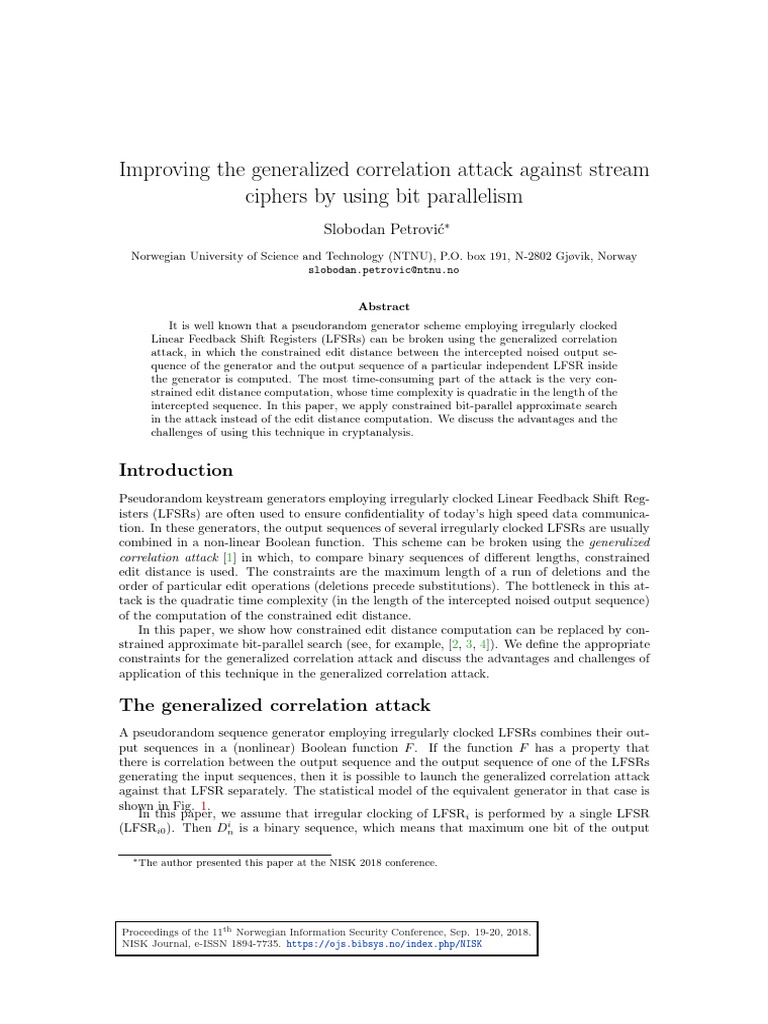 Improving The Generalized Correlation Attack Against Stream Ciphers by Using Bit Parallelism | PDF