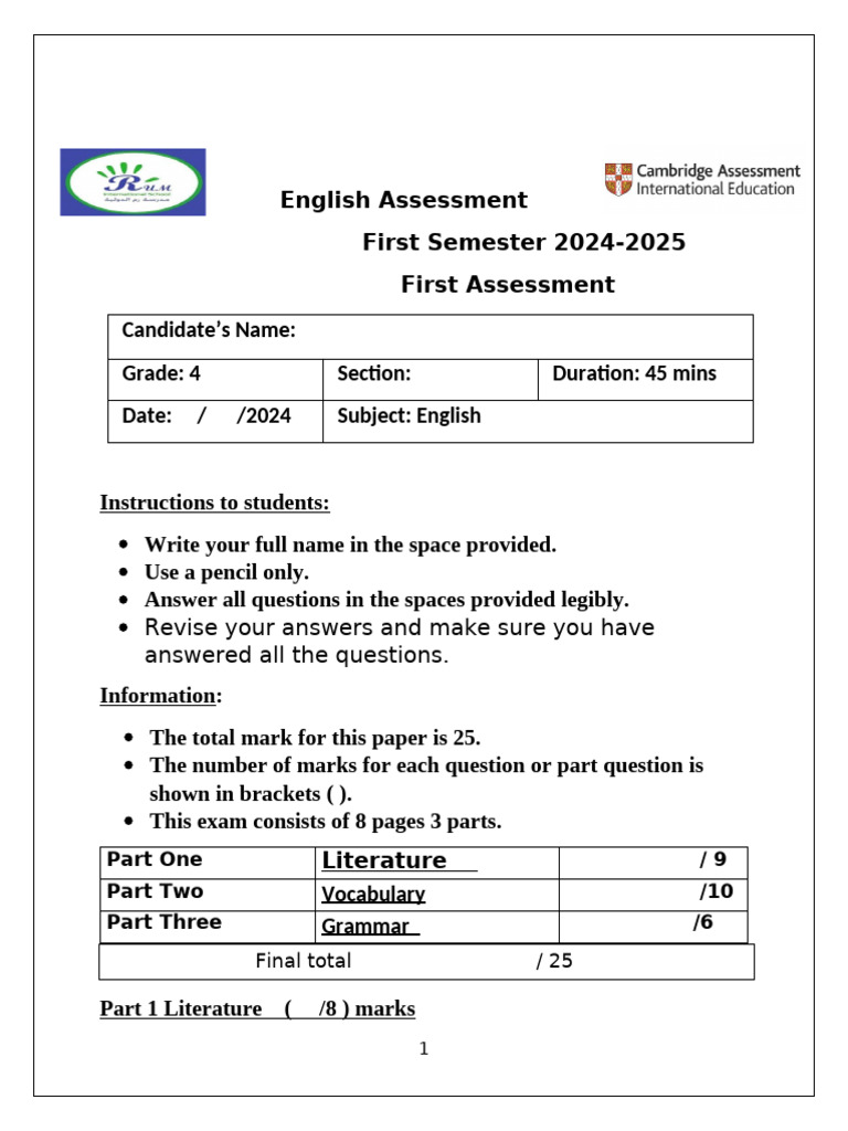 English Assessment Grade 4 | PDF