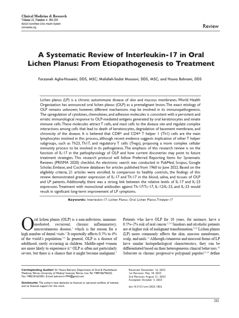 A Systematic Review of Interleukin-17 in Oral Lichen Planus: From Etiopathogenesis To Treatment ...