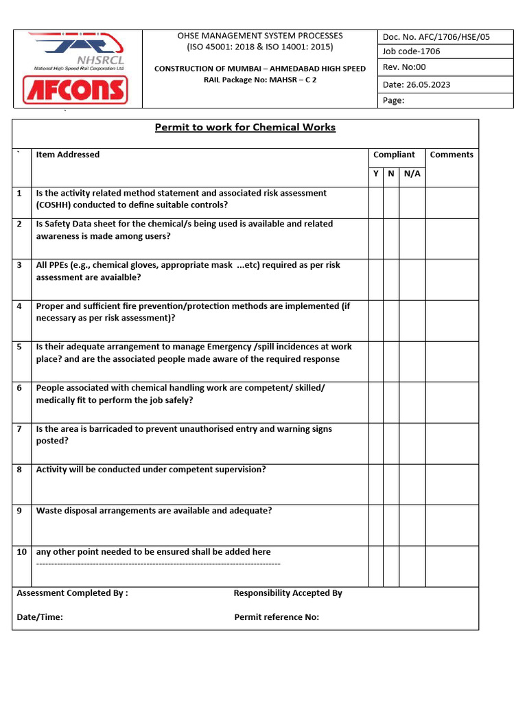 Permit To Work For Chemical Works | PDF