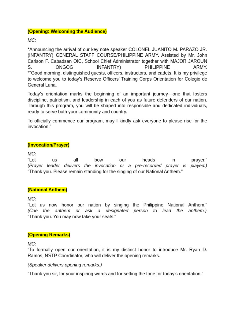 MC Script For ROTC Orientation | PDF