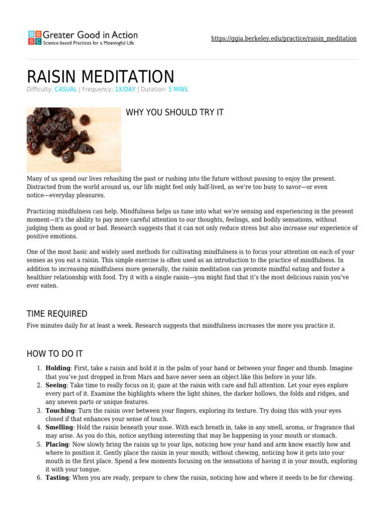 Raisin Meditation - Greater Good in Action | PDF