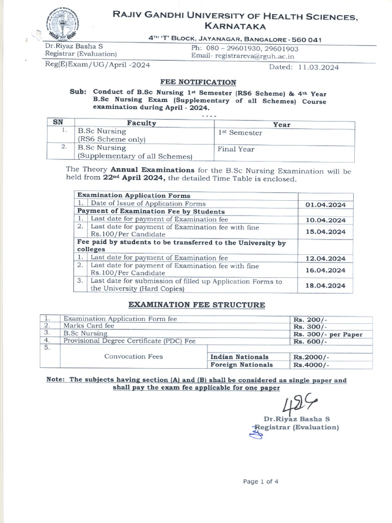 Fee Notification TT For Conduct of BScNursing1st Semester RS6 Scheme ...