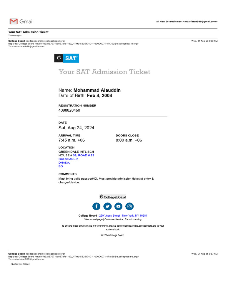 Your SAT Admission Ticket | PDF