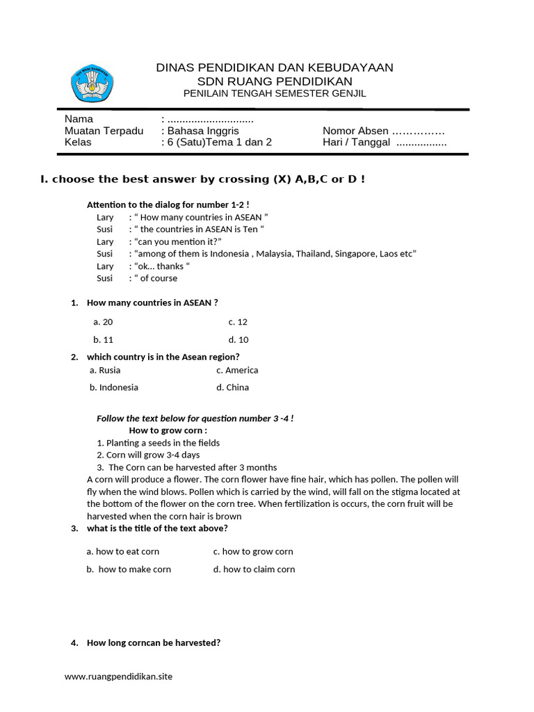 Soal PTS B.ing Kelas 6 K13 Ganjil | PDF