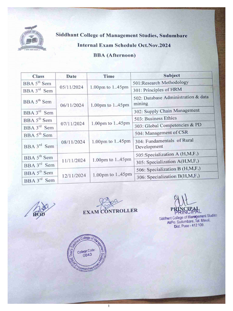 Internal Exam Schedule Oct - Nov.24 | PDF