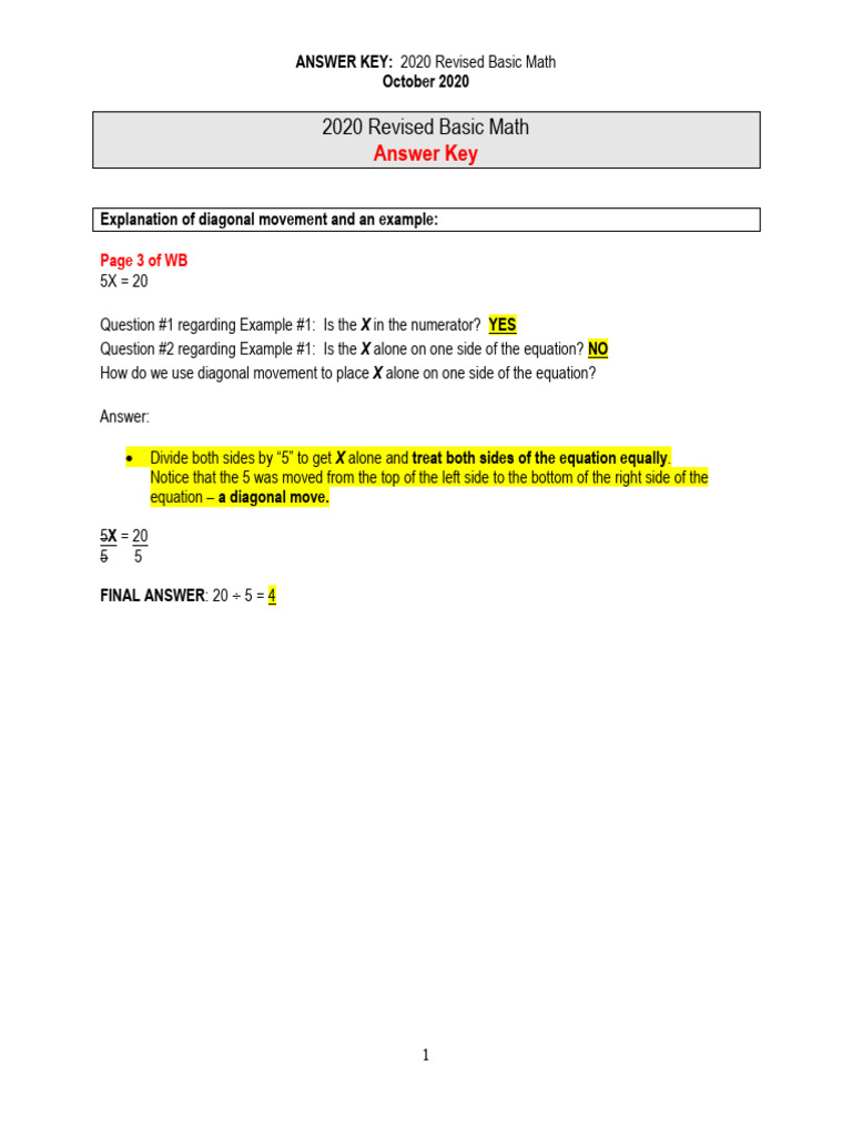 2020 Revised Basic Math Answer Key | PDF
