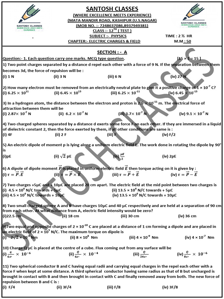 Class 12th Chapter 1 Electric Charges and Field | PDF