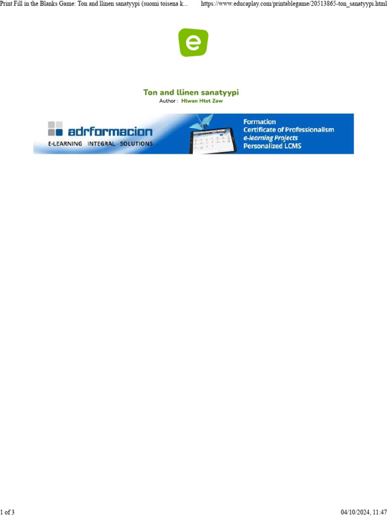 Ton and Llinen Sanatyypi (Suomi Toisena Kielenä - Suomi - Sanatyypi) | PDF