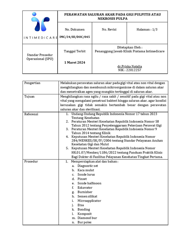 Sop Perawatan Saluran Akar Pada Gigi Pulpitis | PDF
