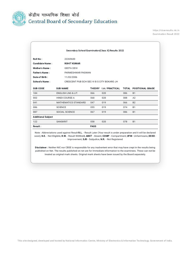 CBSE Class X Result 2022 for Rohit Kumar | PDF