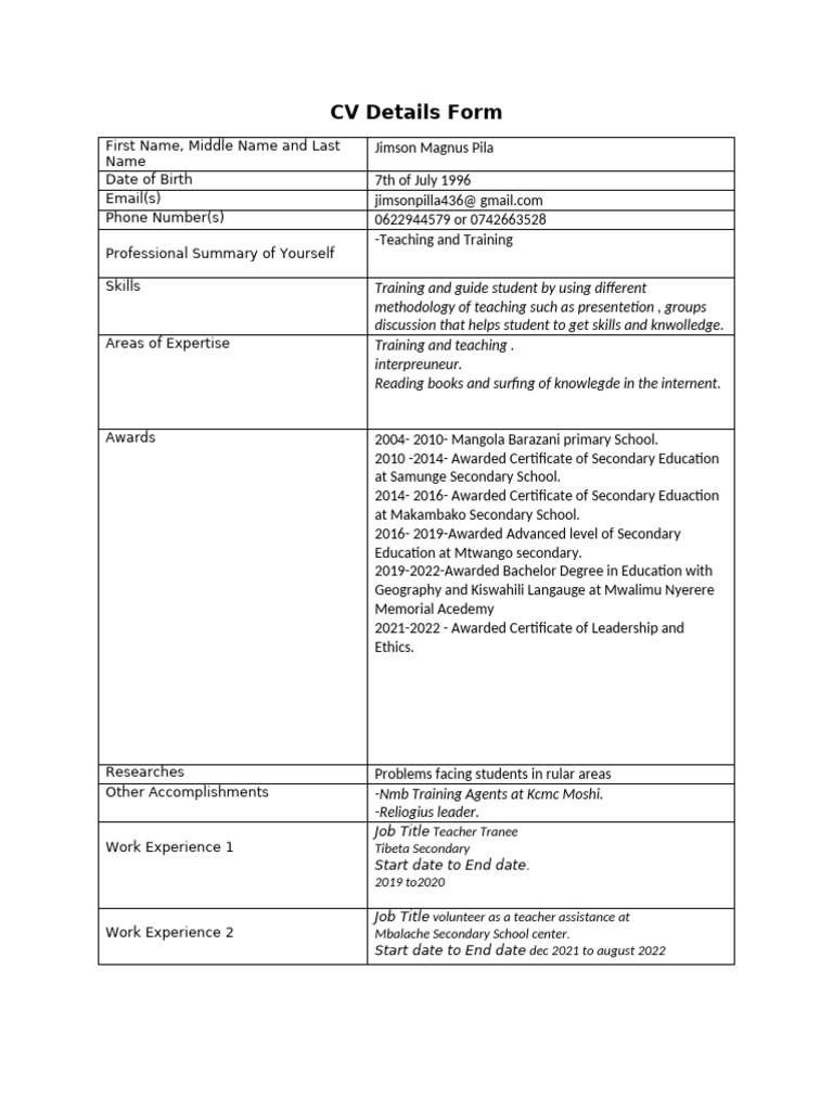 CV Details Form-1 | PDF