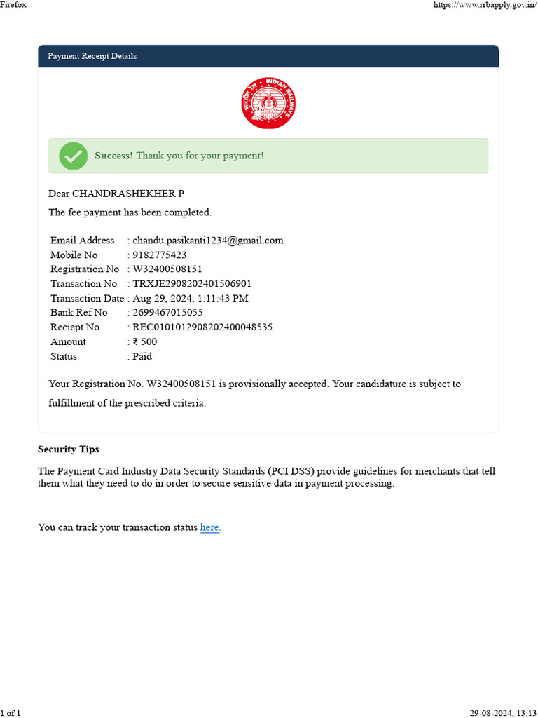 RRB - Je-2024-Payment Receipt | PDF